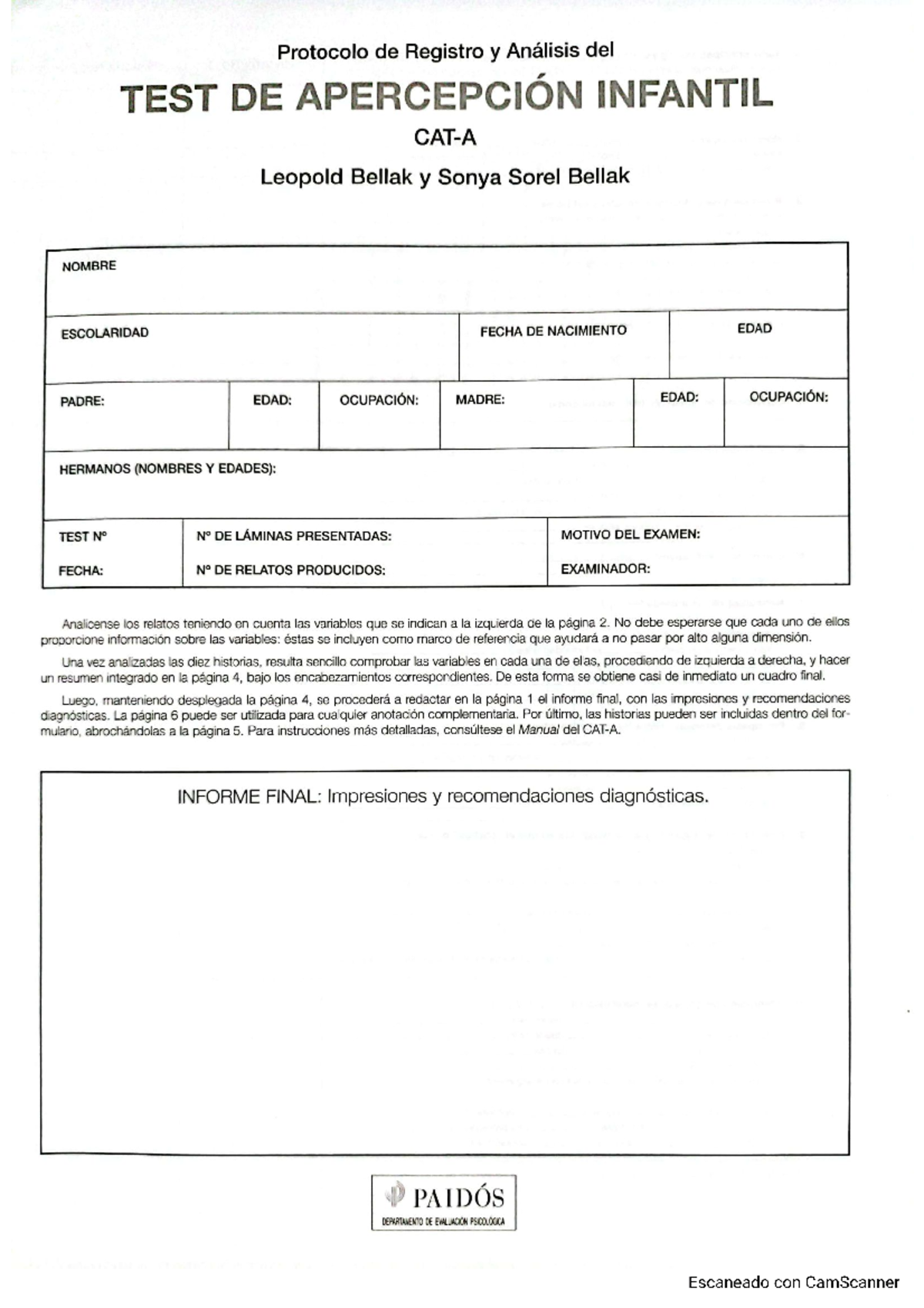Análisis y Registro del Test de Apercepción Infantil (CAT) - Studocu