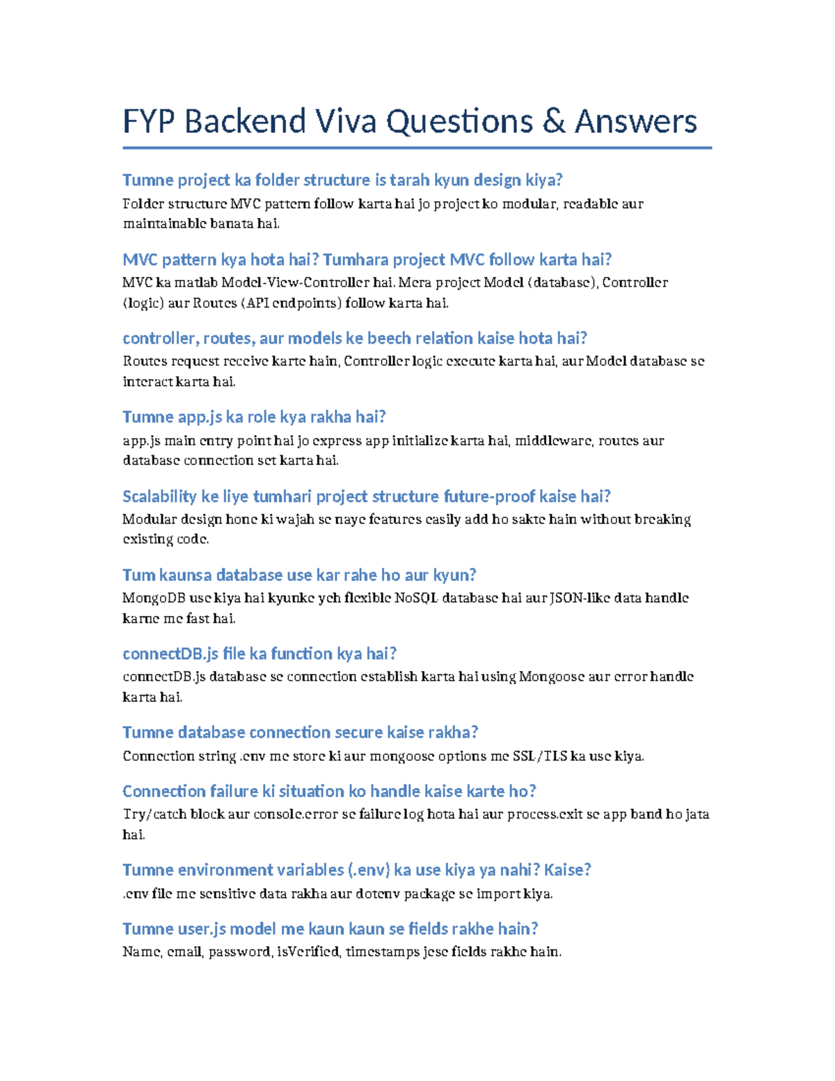 FYP Backend Viva Questions & Answers: Project Structure & Design - Studocu