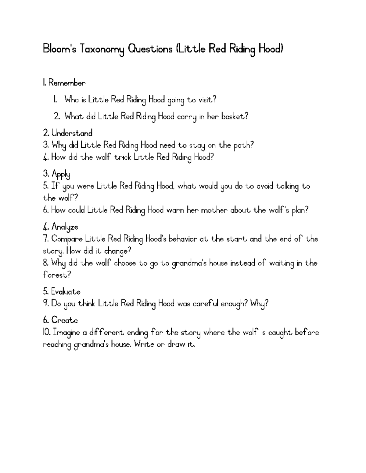 Taxonomy Questions on Little Red Riding Hood - Bloom's Taxonomy - Studocu