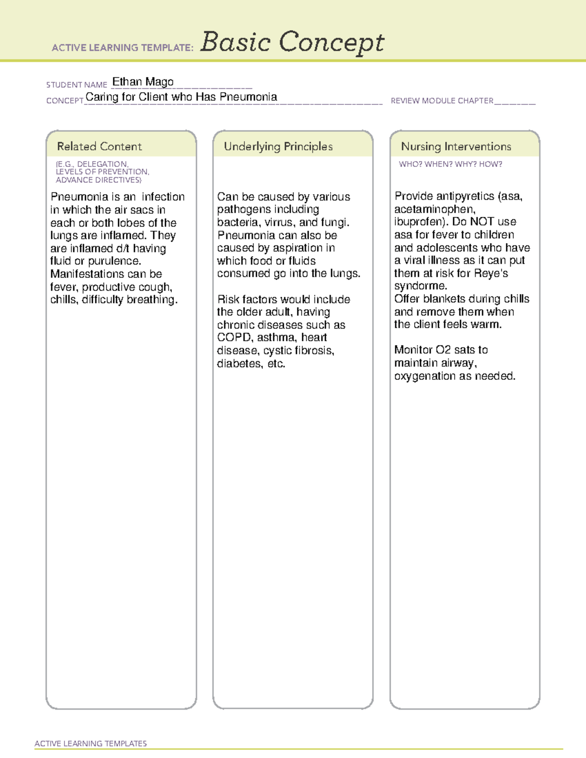 Basic Concepts of Pneumonia: Active Learning Template - Studocu