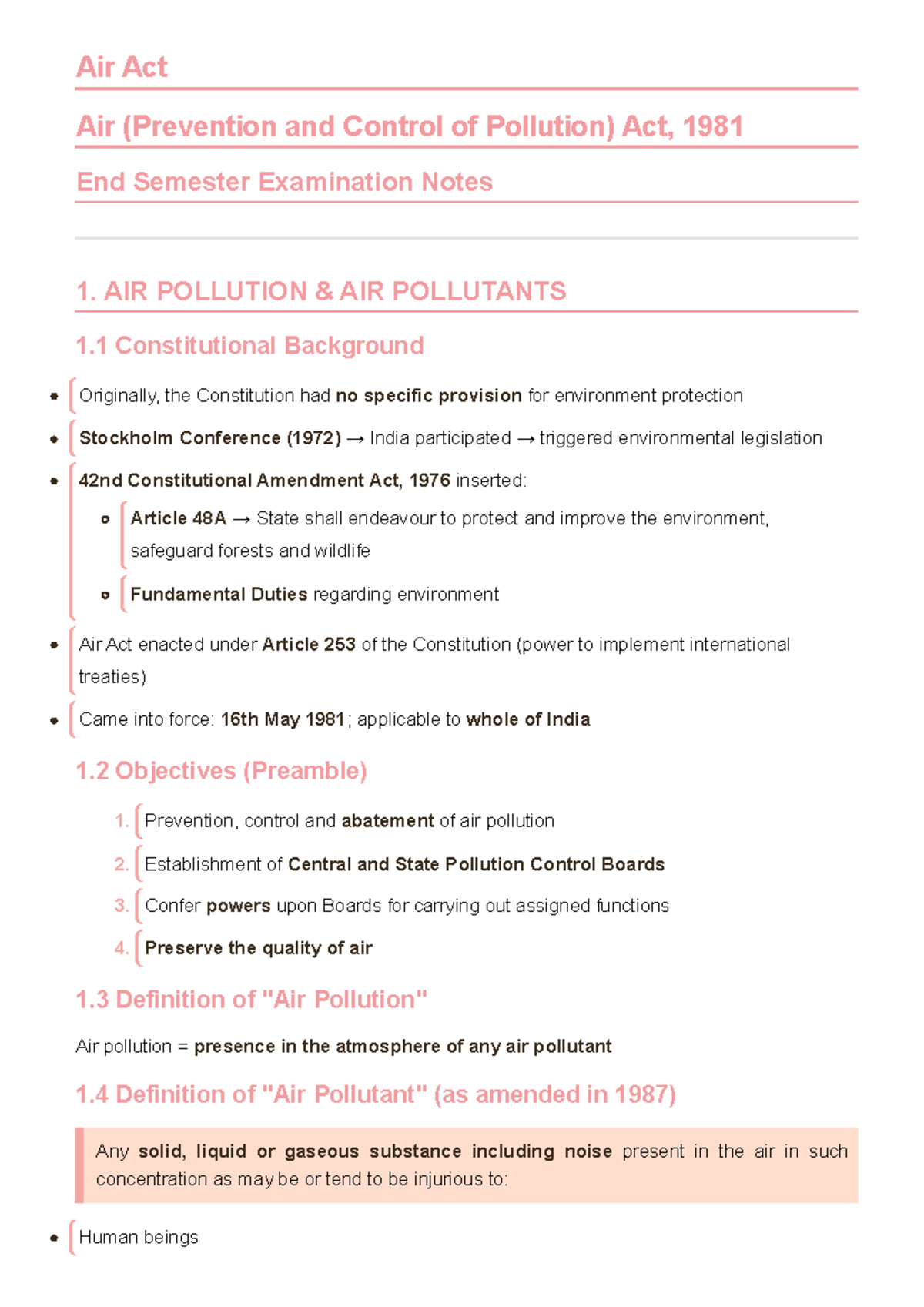 Air Act (Prevention and Control of Pollution) 1981: End Sem Exam Notes ...