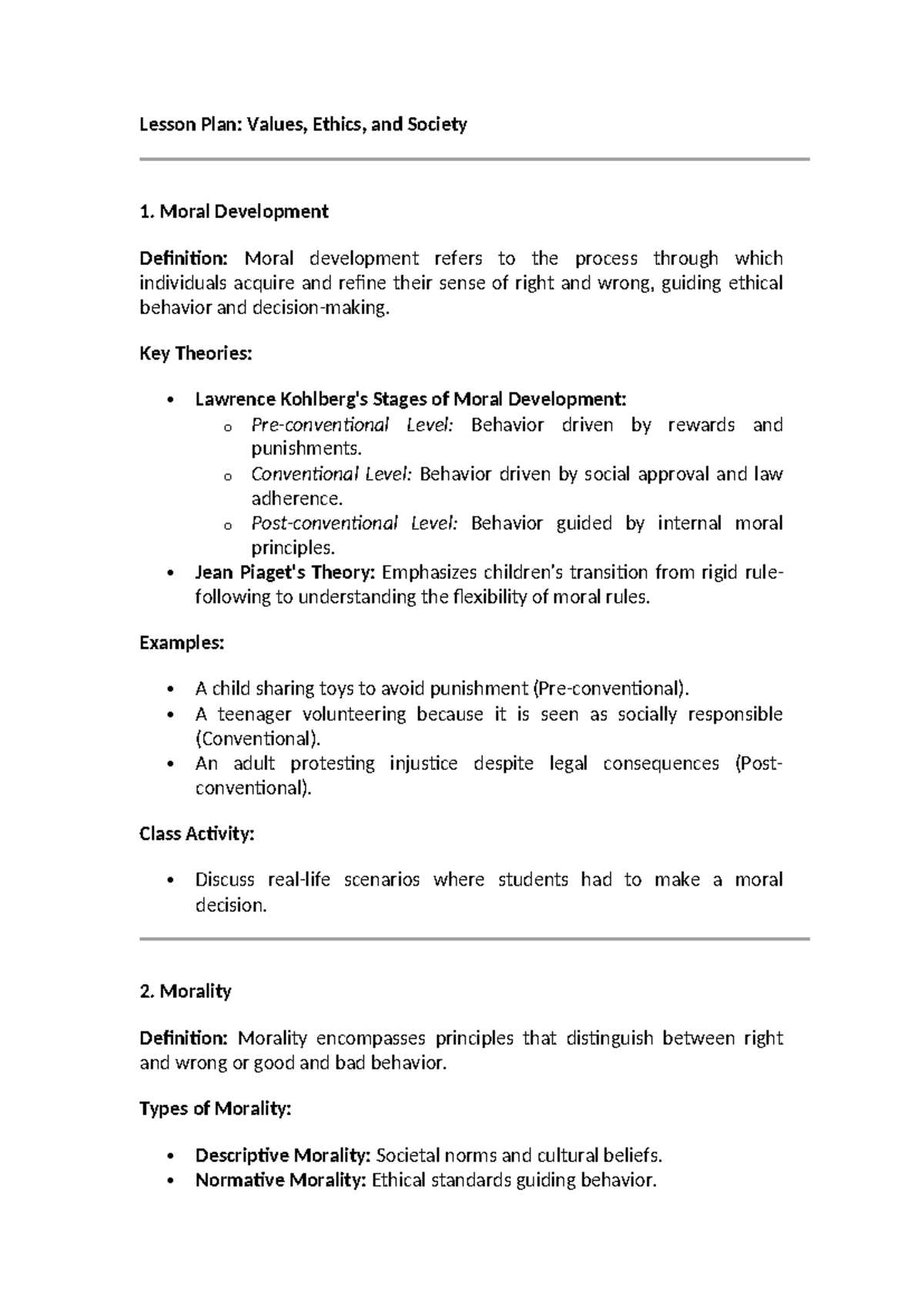 Ethic 3 - ABC - Lesson Plan: Values, Ethics, and Society 1. Moral ...