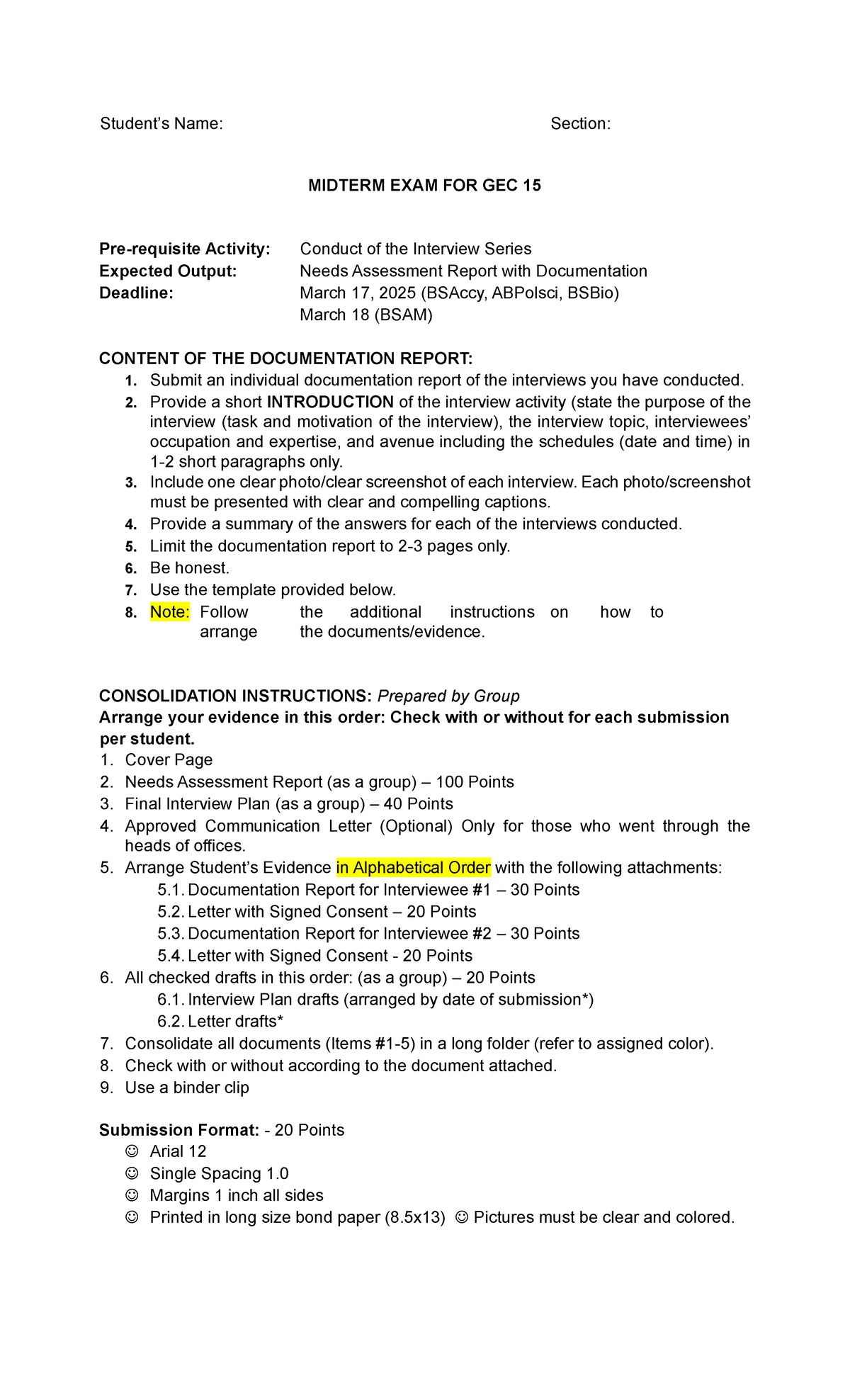 Needs Assessment Report for GEC 15 Midterm Exam Submission Guidelines - Studocu