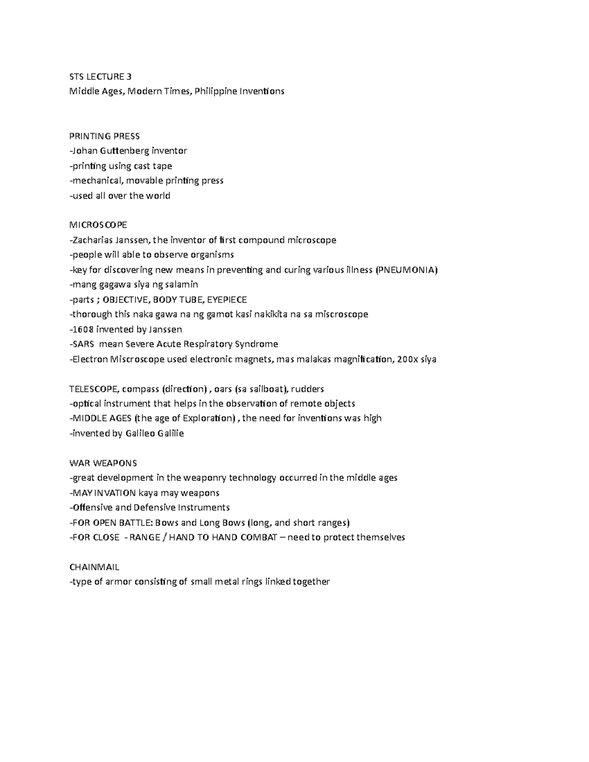 STS- Lecture-3 - Middle Ages, Modern Times, Philippine Inventions - STS ...