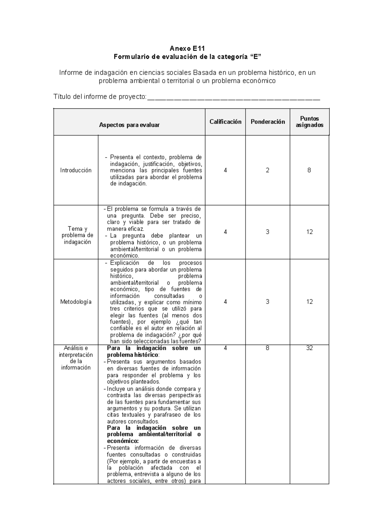 Eureka 2025 - Anexo E11: Fichas de Calificación Informe de Indagación - Studocu