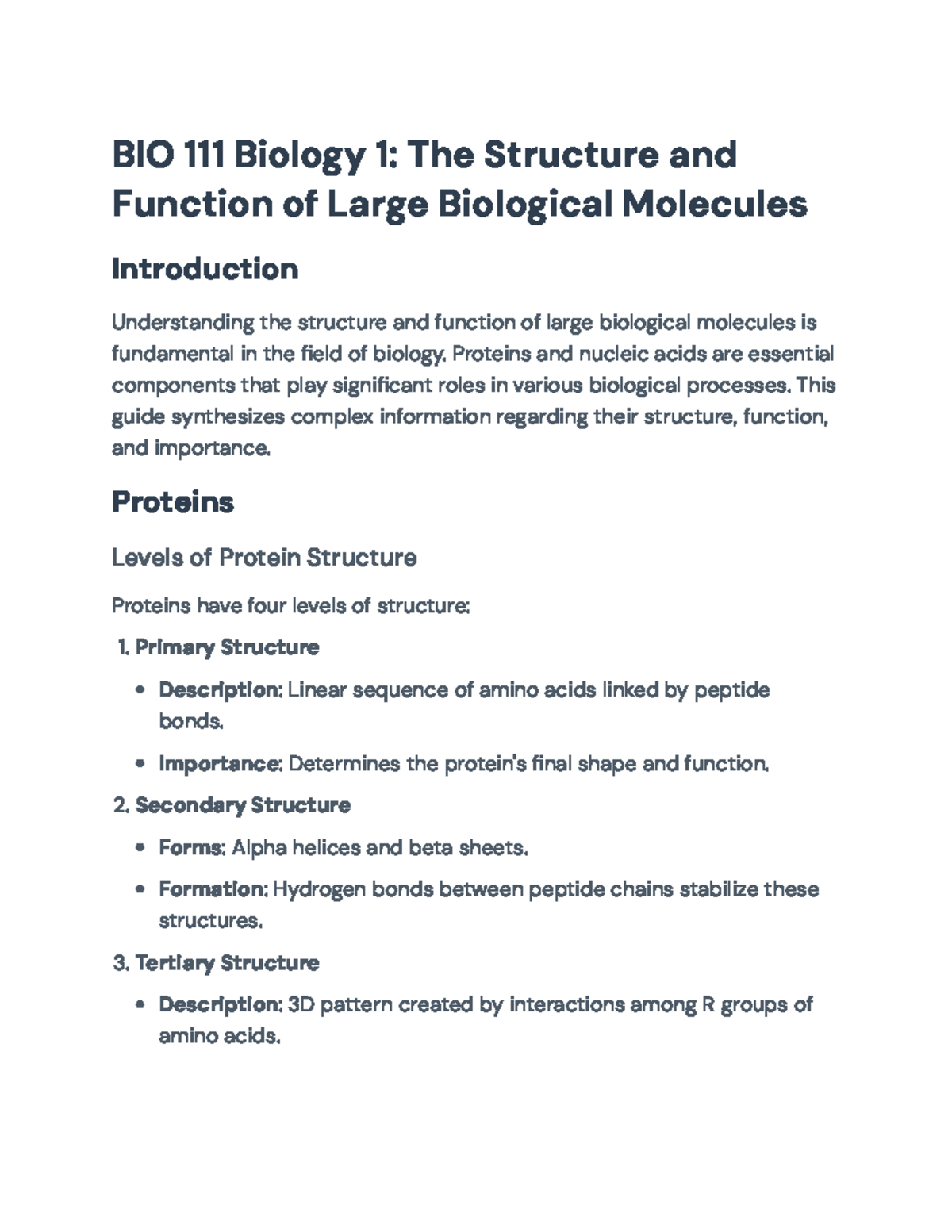 BIO 111 Final Exam Study Guide: Structure & Function of Biomolecules ...