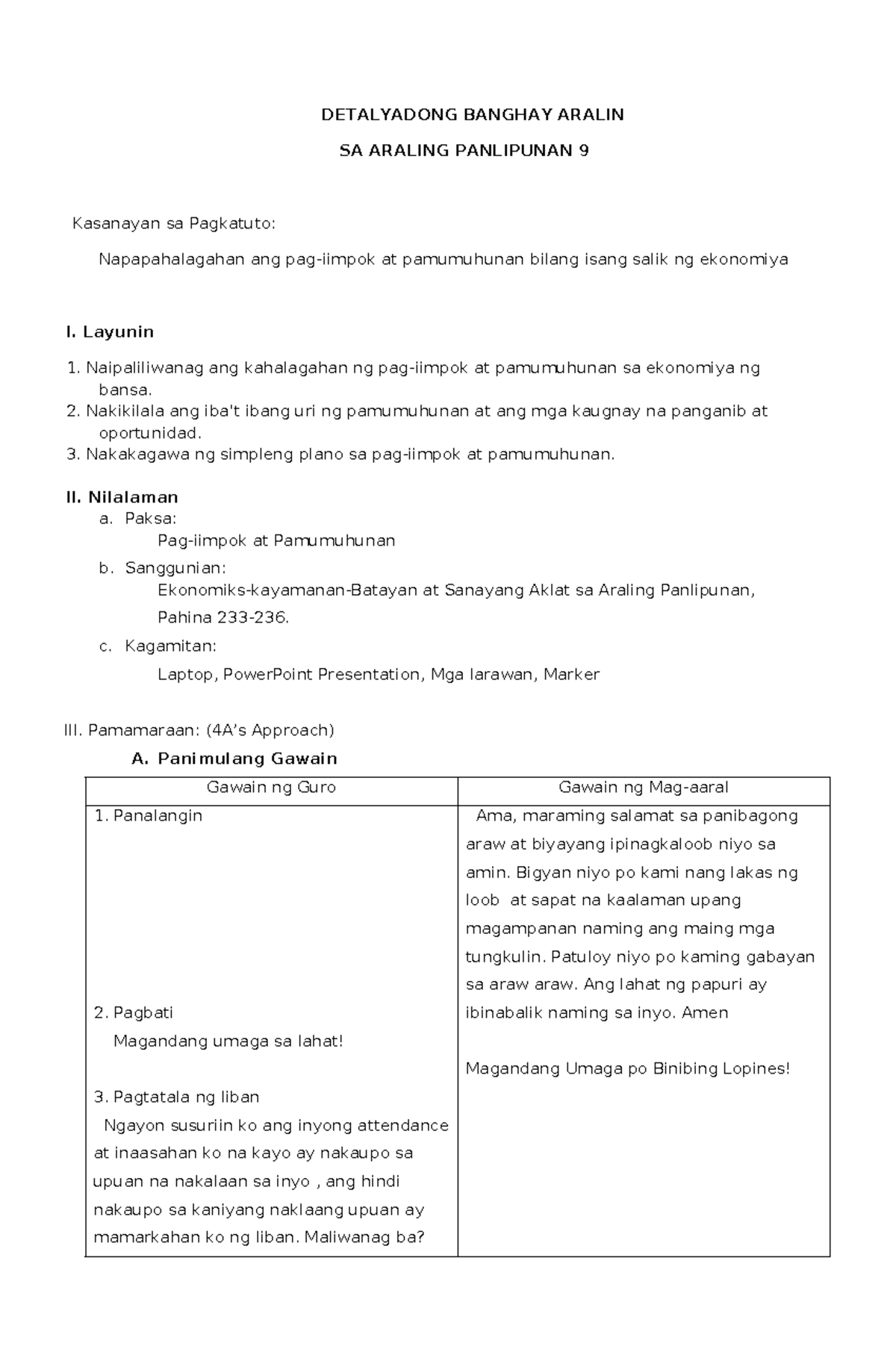 Pag-iimpok at Pamumuhunan - Araling Panlipunan 9 Lesson Plan - Studocu