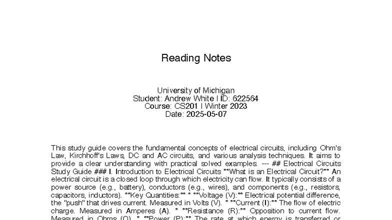CS201 Winter 2023 Electrical Circuits Study Guide and Notes - Studocu