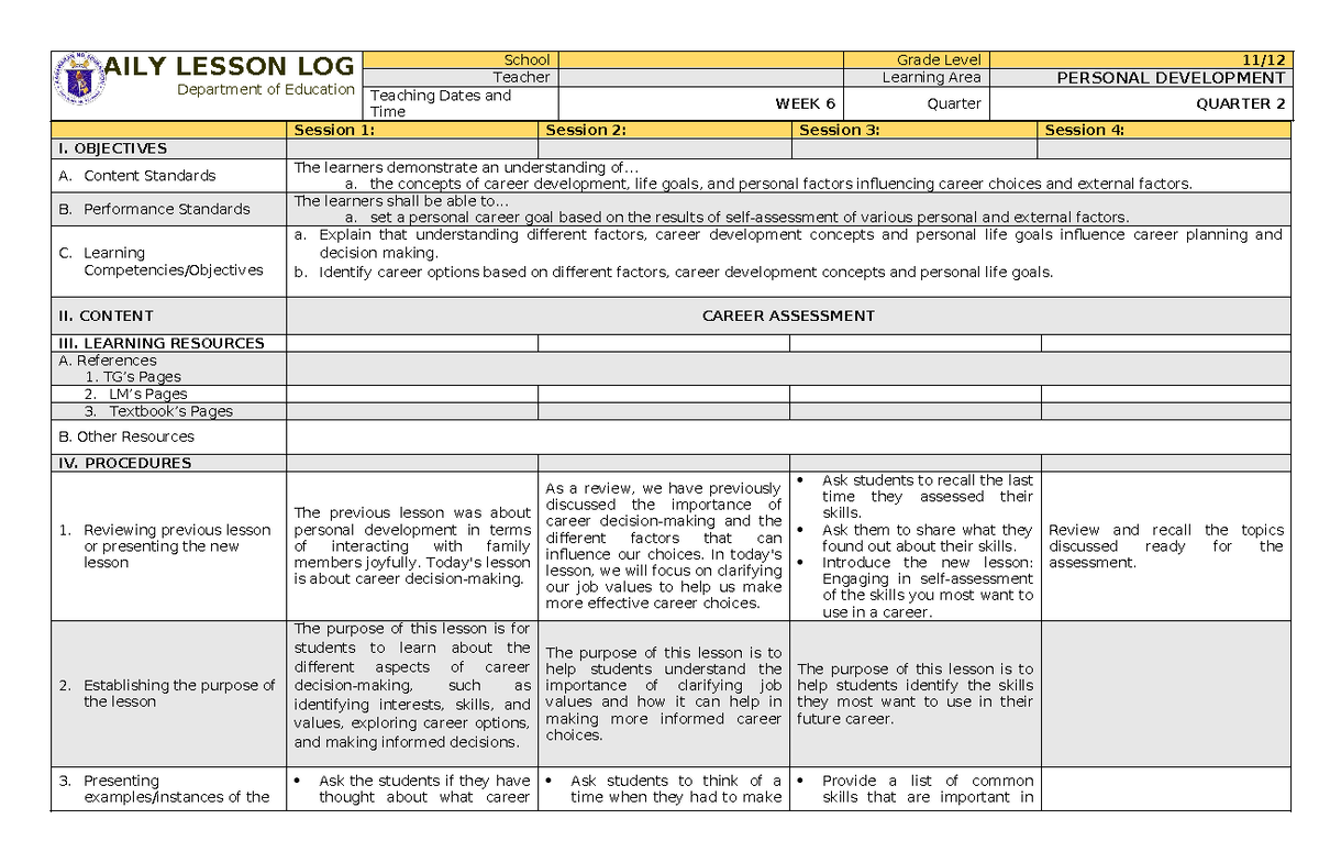 Perdev Q2 WEEK 6 - Daily Lesson Log on Career Decision-Making - Studocu