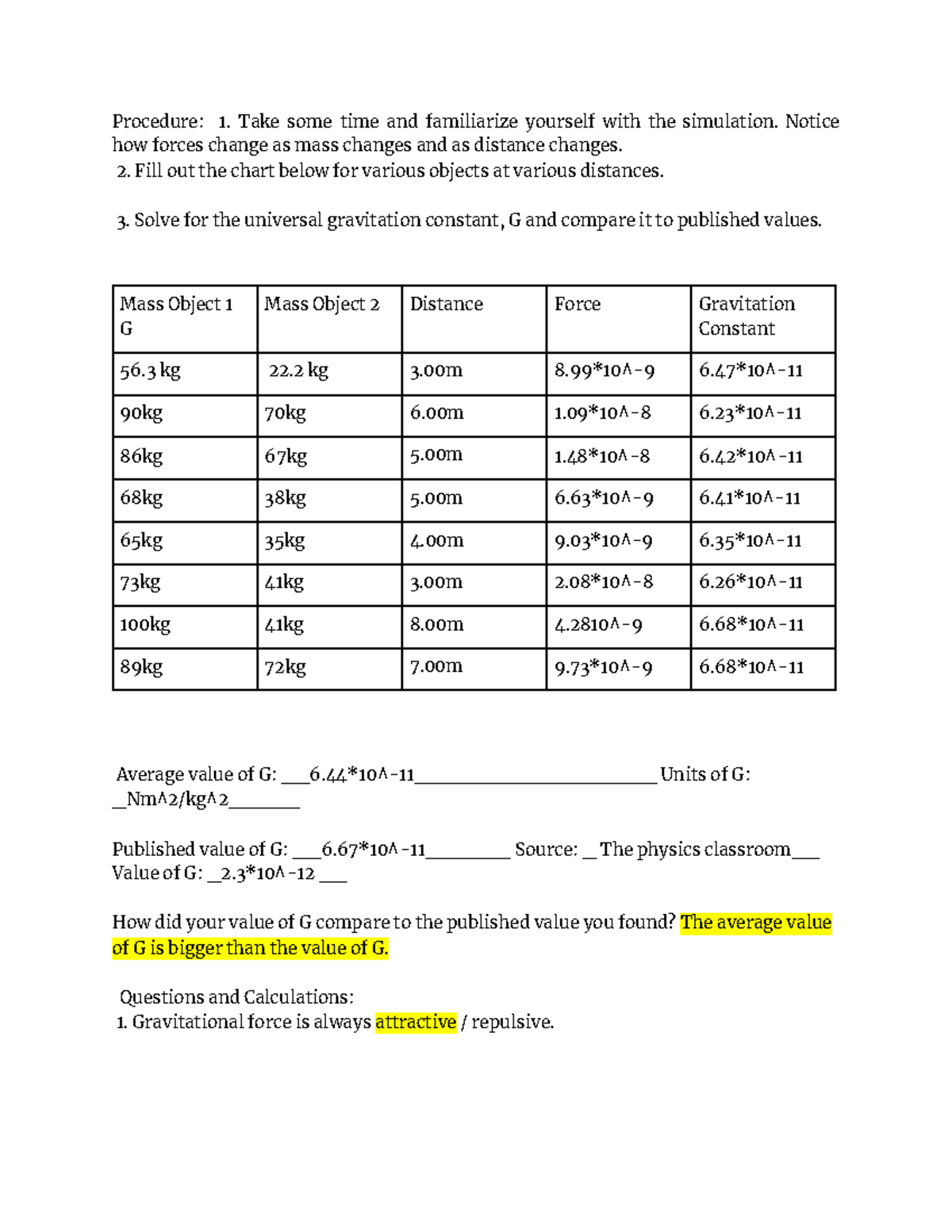 Gravitation Experiment Answer Key for Physics 101 Lab - Studocu