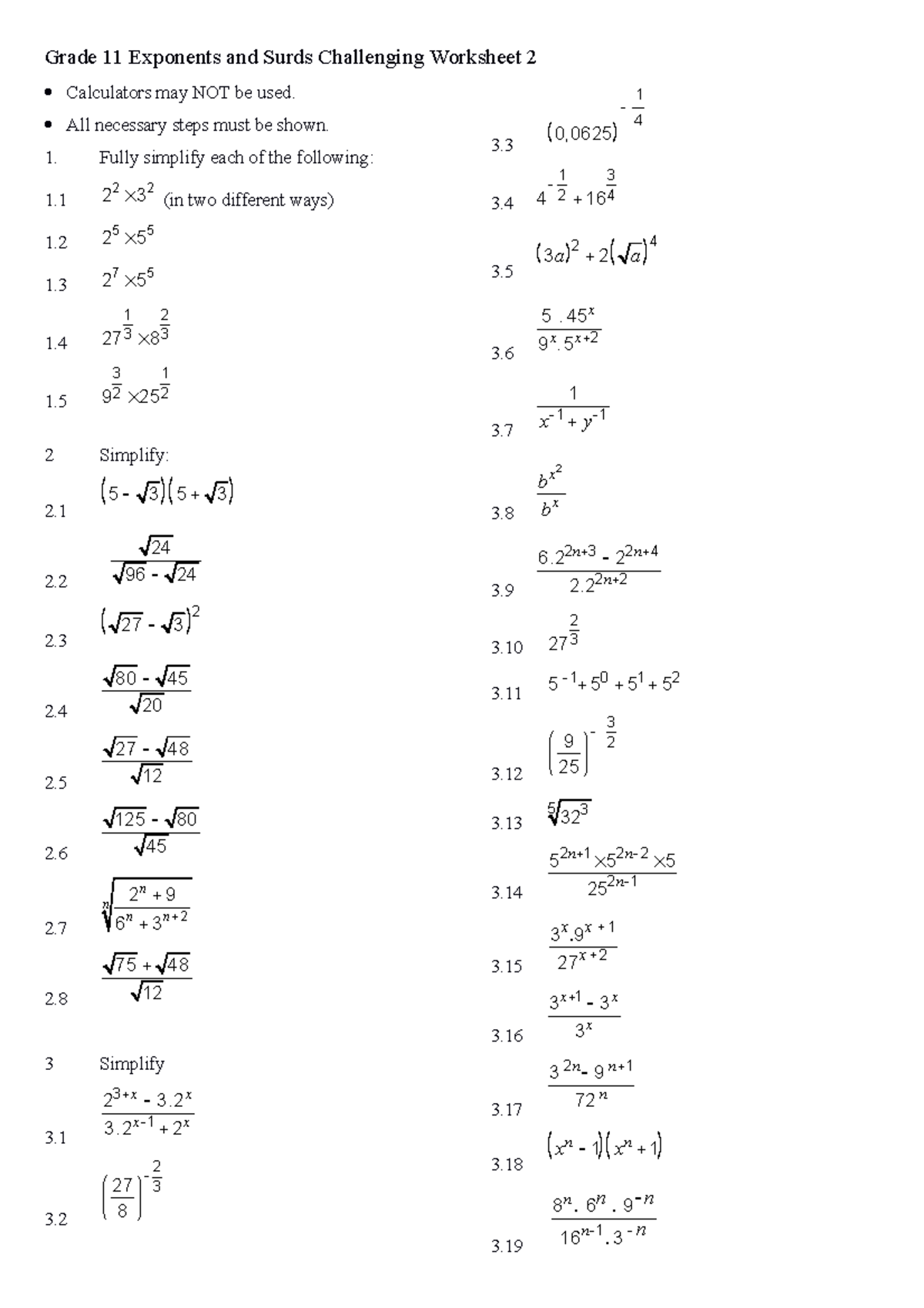 Grade 11 Exponents and Surds Challenging Worksheet 2 - Studocu