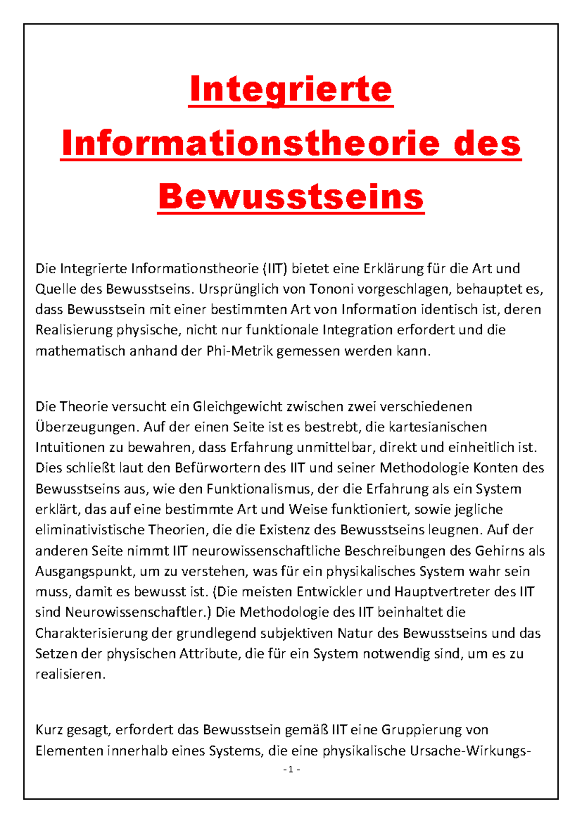 Integrierte Informationstheorie des Bewusstseins - Integrierte Informationstheorie des ...