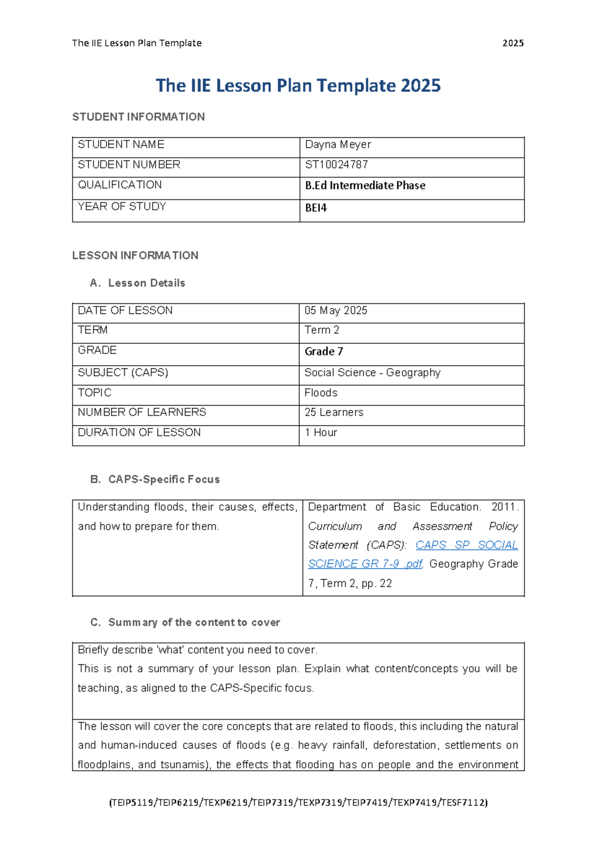 Geography Grade 7 Lesson Plan: Understanding Floods (CAPS) - Studocu