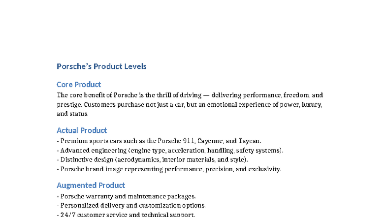 Porsche Product Levels - Porsche’s Product Levels Core Product The core ...