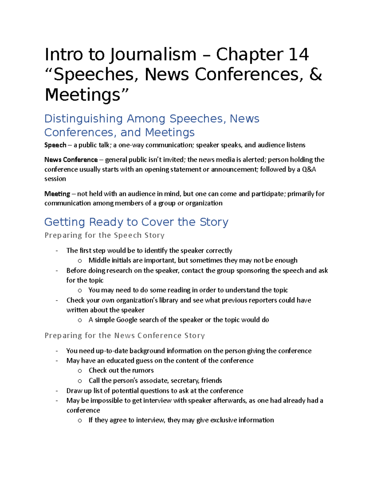 Intro to Journalism - Chapter 14: Covering Speeches, Conferences ...