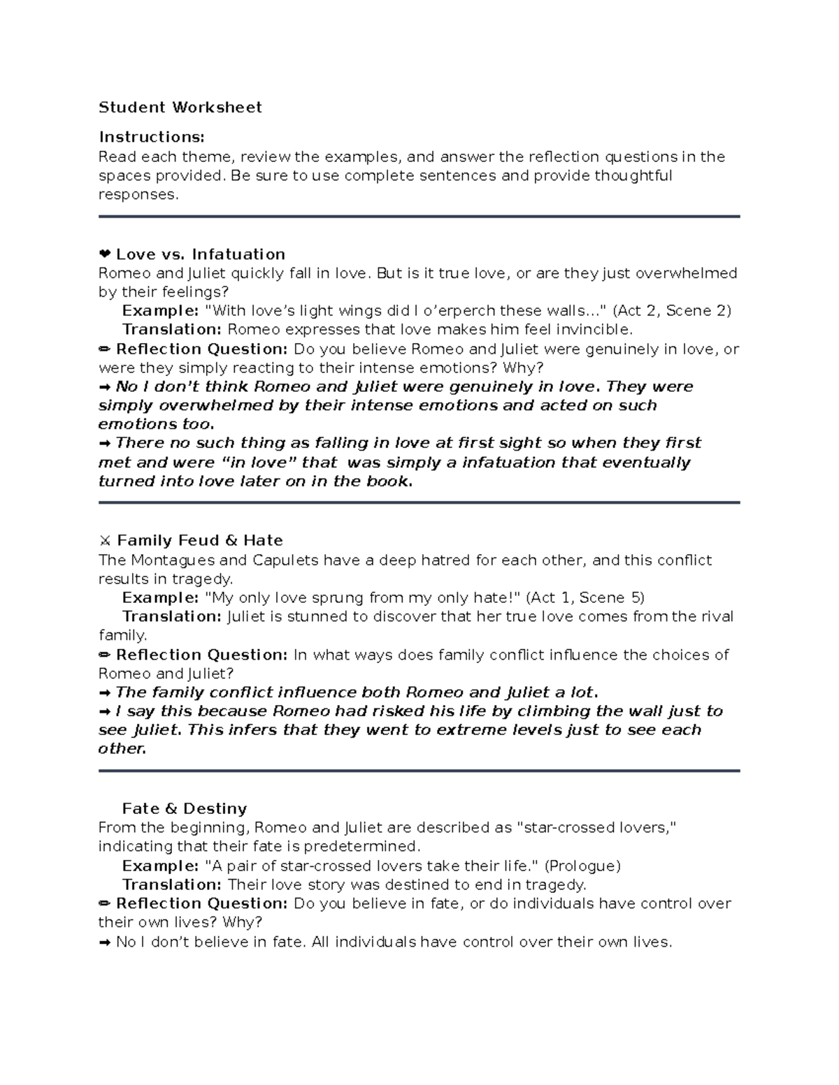 Romeo and Juliet Themes worksheet - Student Worksheet Instructions ...