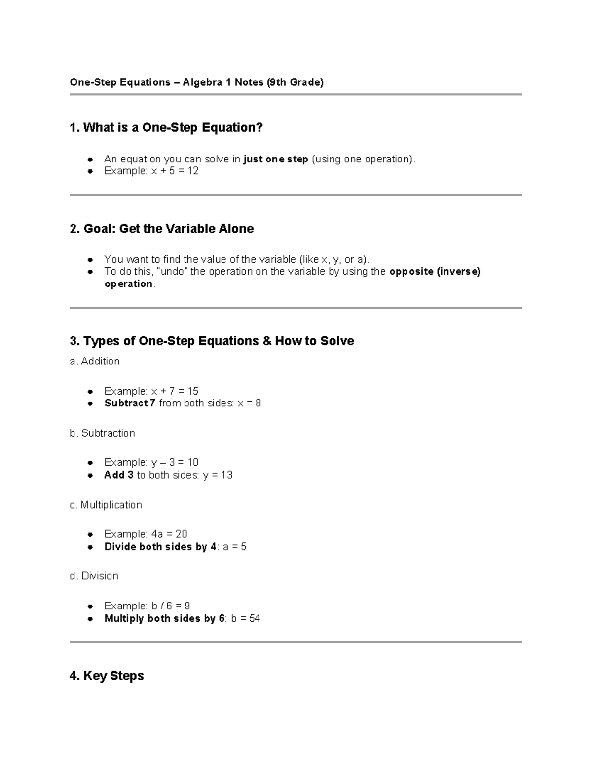 Algebra 1: One-Step Equations Notes (9th Grade) - Studocu