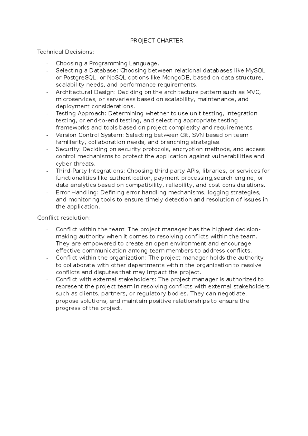 PROJECT CHARTER: Technical Decisions in Programming & Databases - Studocu