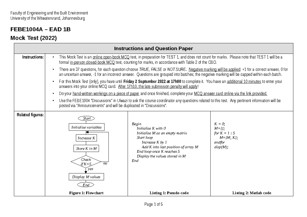 FEBE1004A Mock Test (2022) - Matlab Concepts and Questions - Studocu