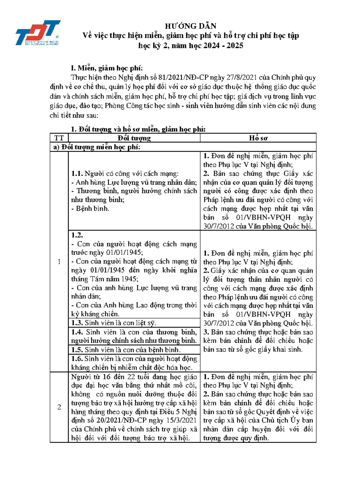 Hướng dẫn Miễn, Giảm Học Phí & Hỗ Trợ Chi Phí Học Tập HK2 2024-2025 ...
