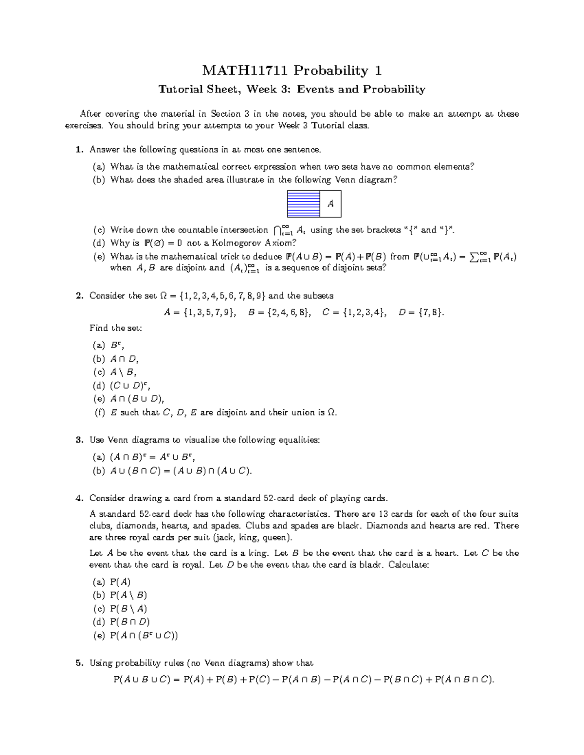 MATH11711 Probability 1 Tutorial Sheet: Week 3 Exercises - Studocu