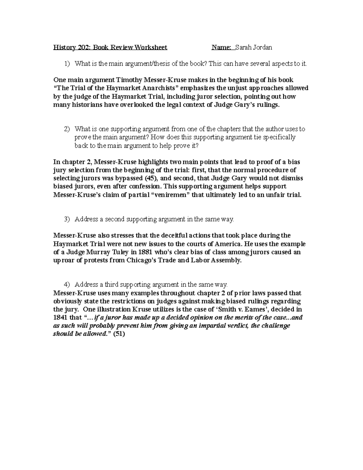 HIST 202 - Book Review Worksheet: Analysis of "The Trial of the ...