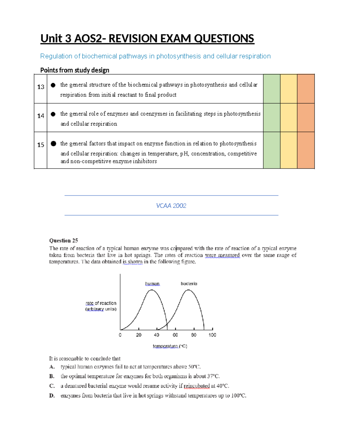Unit 3 VCAA Practice Exam Questions: Enzymes & Biochemical Pathways ...