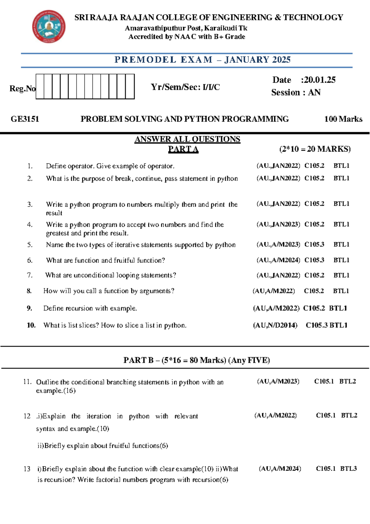 Ge3151 Problem Solving And Python Programming Model Exam Jan 2025