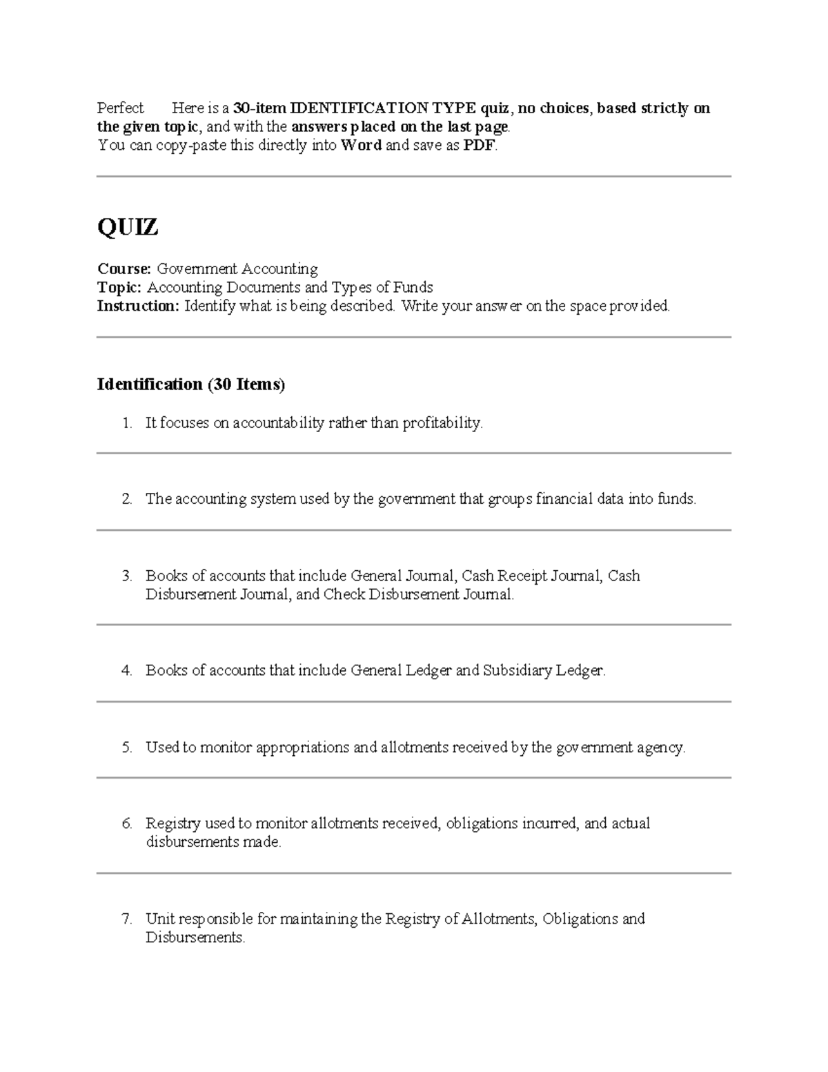 GOVT ACC 101: Identification Quiz on Accounting Documents & Funds - Studocu