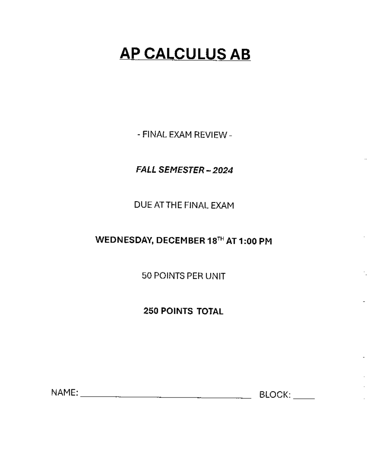 AP Calc AB Fall 2024 Final Exam Review Packet - Limits ...