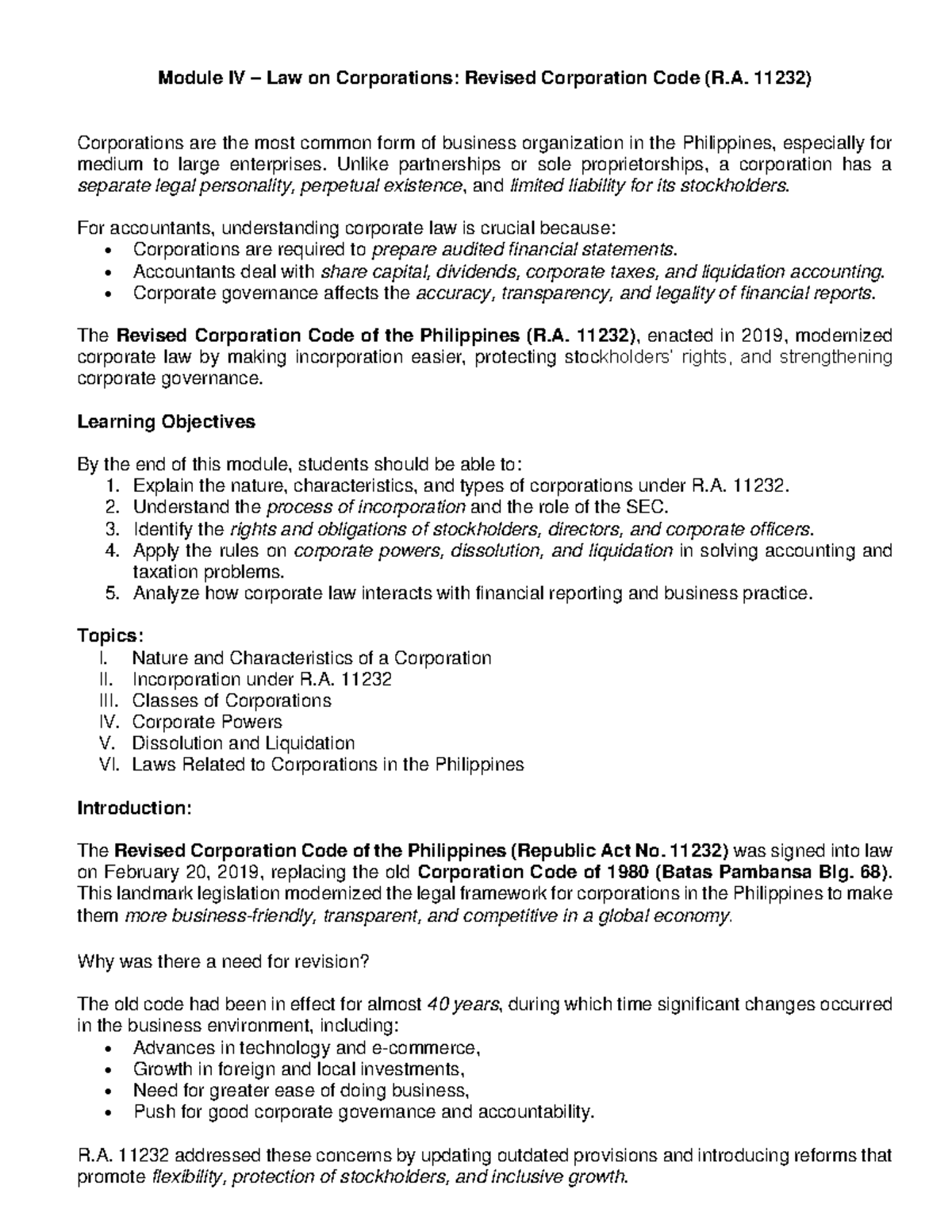 Module IV: Midterm Study on R.A. 11232 - Revised Corporation Code - Studocu