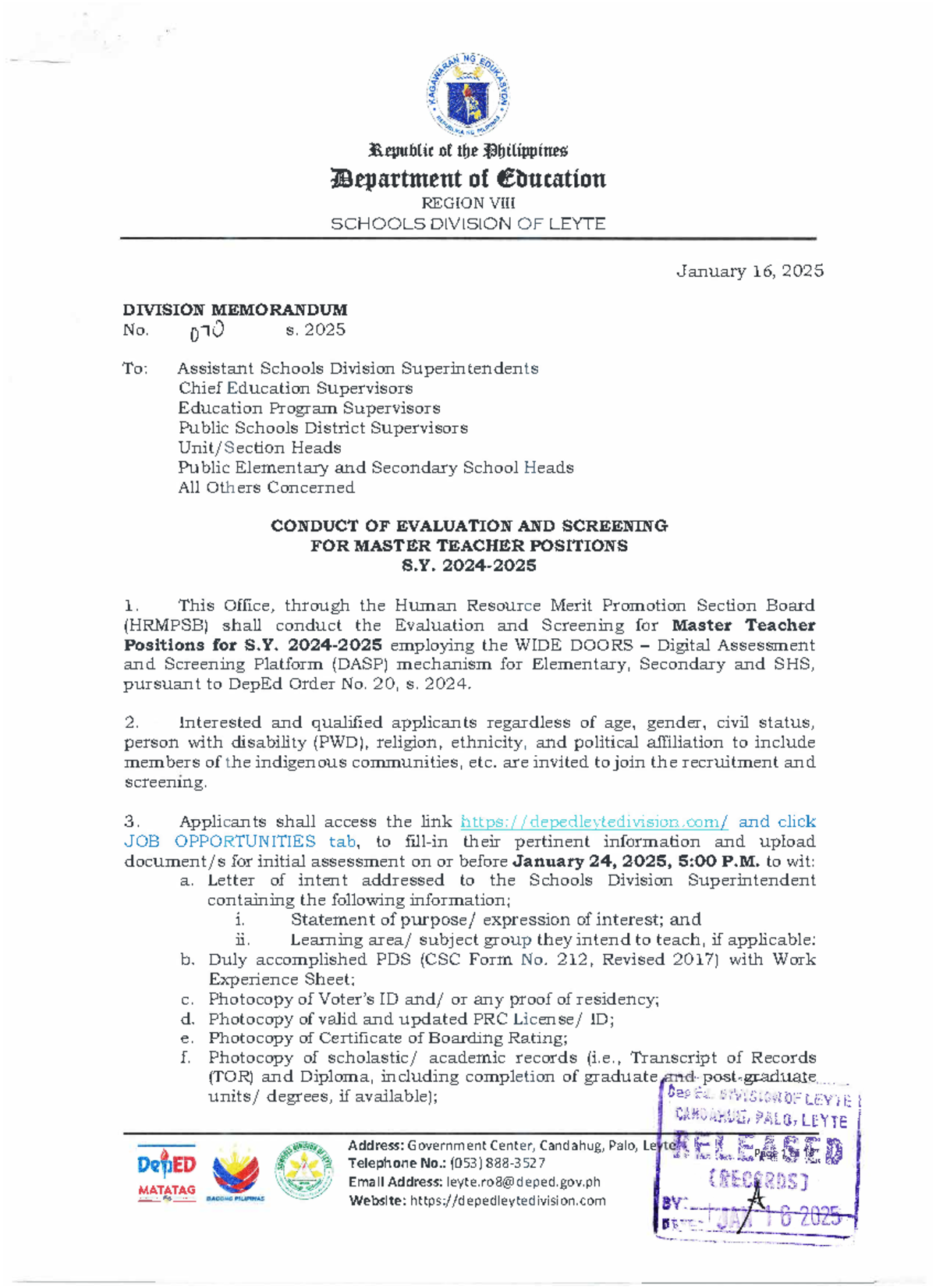 DM No. 070 s. 2025: Guidelines for Evaluation and Screening of Master ...