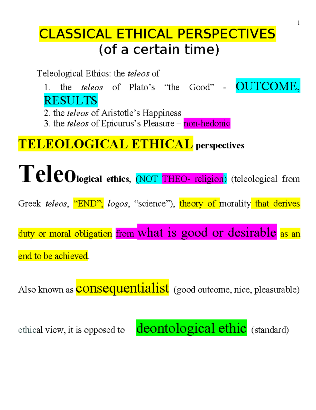 CLASSICAL ETHICAL PERSPECTIVES: Teleological Ethics Overview (SEM 2 ...