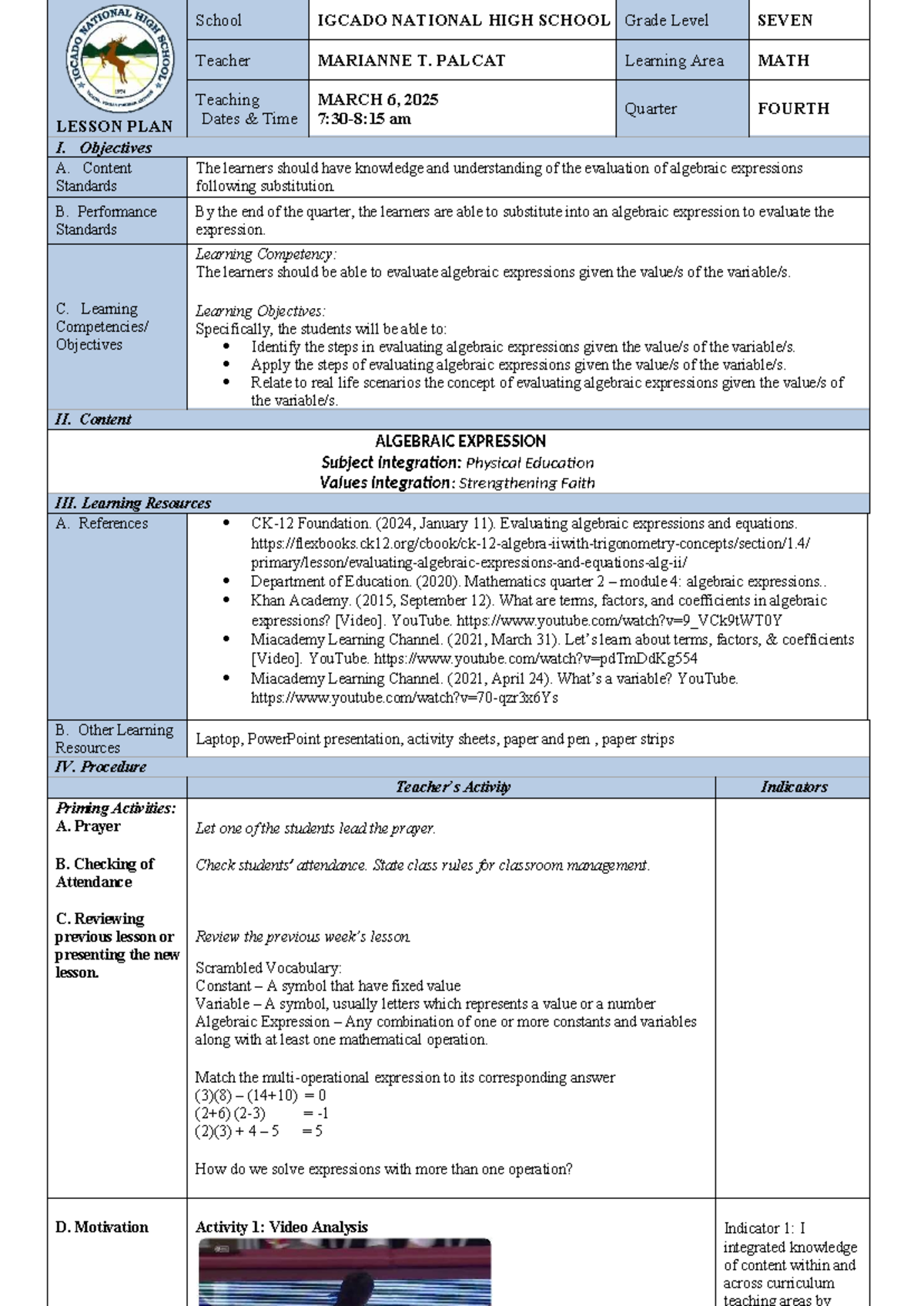 CO-4TH-1: Lesson Plan for Evaluating Algebraic Expressions - Studocu