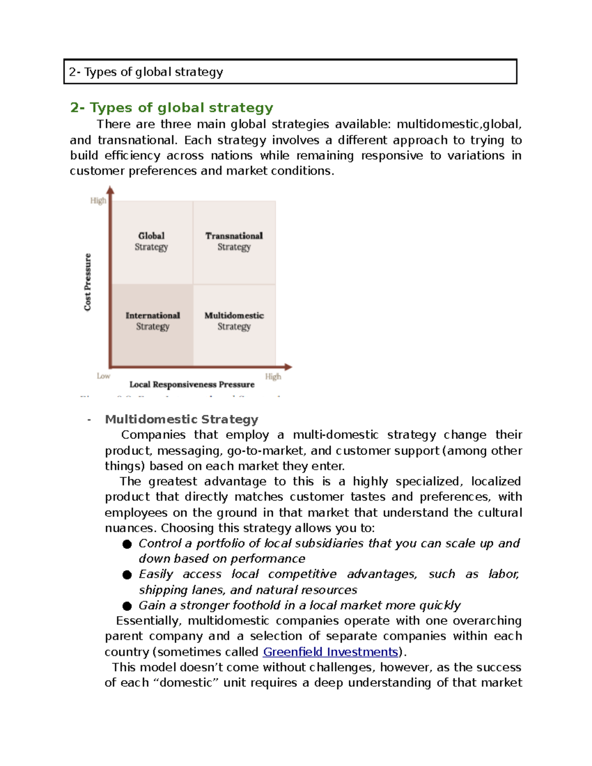 2- Types of global strategy - Each strategy involves a different ...