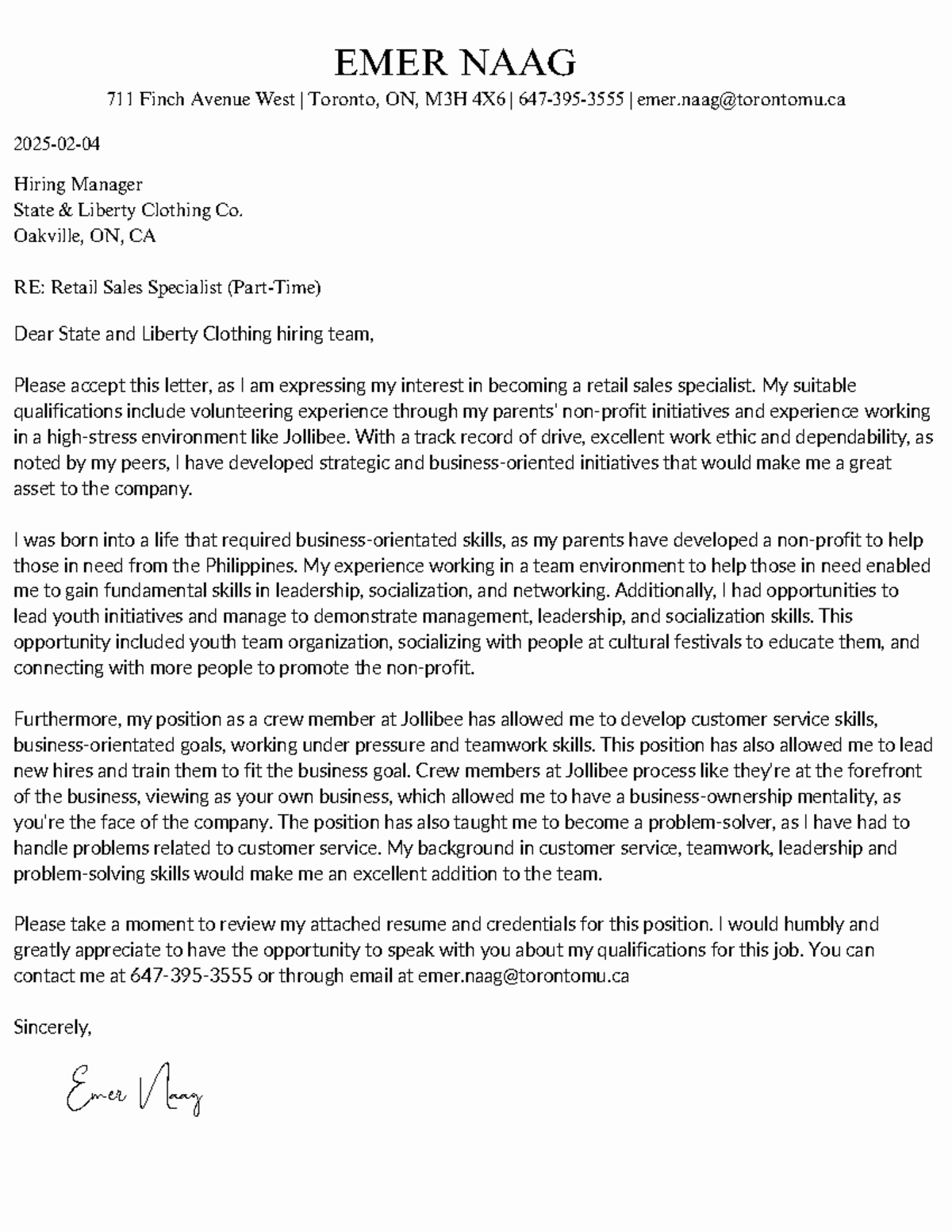 Emer Naag Cover Letter & Resume - EMER NAAG 711 Finch Avenue West ...