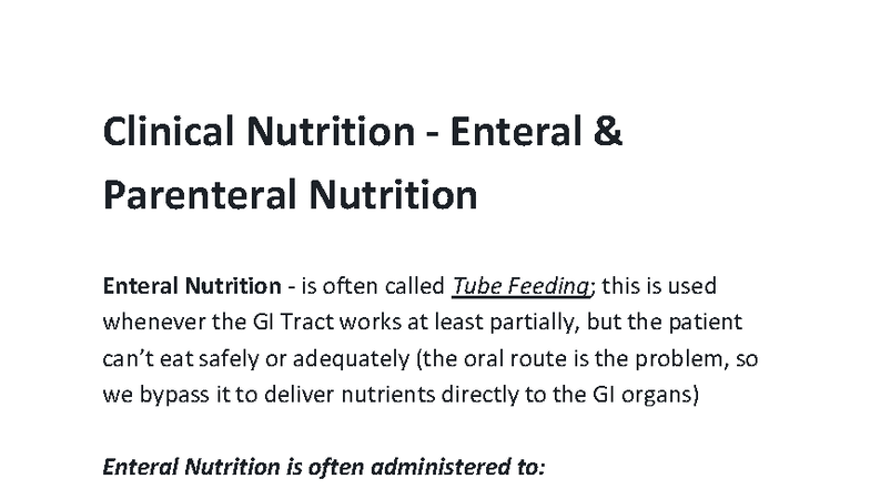 Clinical Nutrition: Enteral & Parenteral Nutrition Overview - Studocu