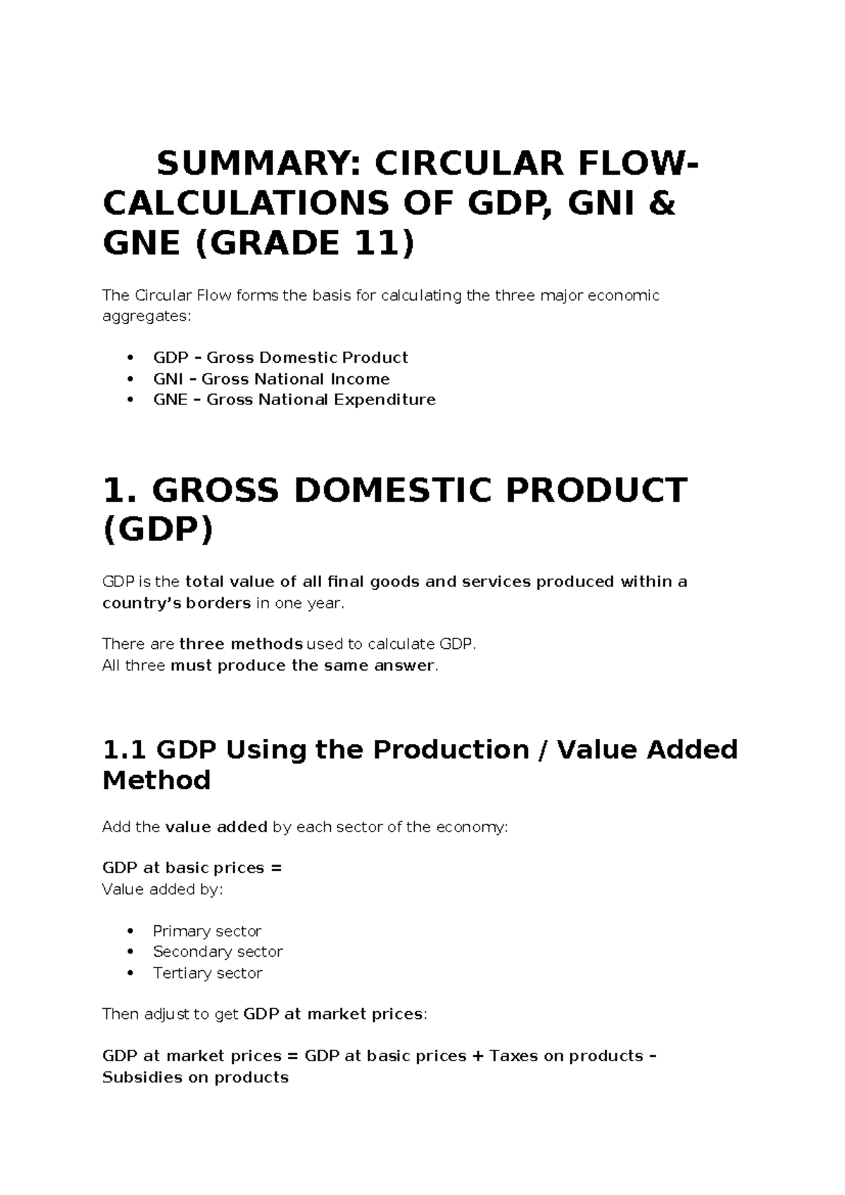SUMMARY: CIRCULAR FLOW GDP, GNI, GNE CALCULATIONS (GRADE 11) - Studocu