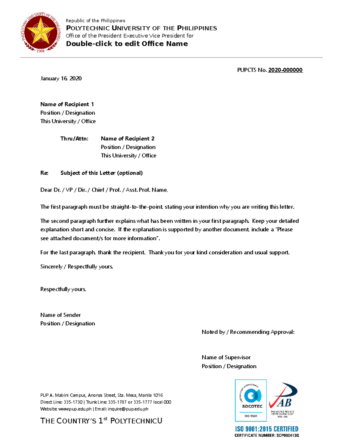 PUP Letterhead Template for Official Correspondence 2020 - Studocu
