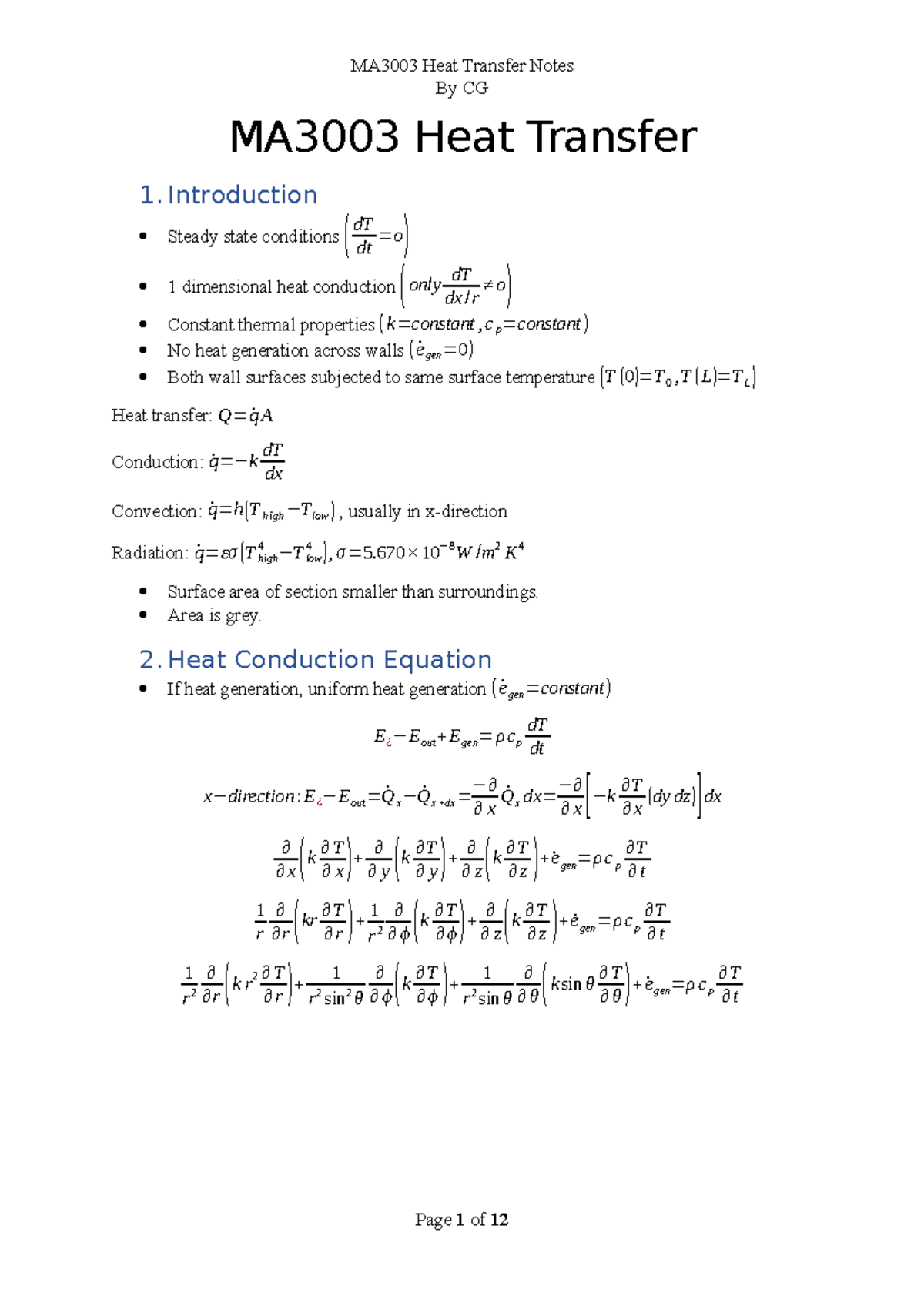 Heat Transfer Notes - By CG ####### MA3003 Heat Transfer Introduction ...