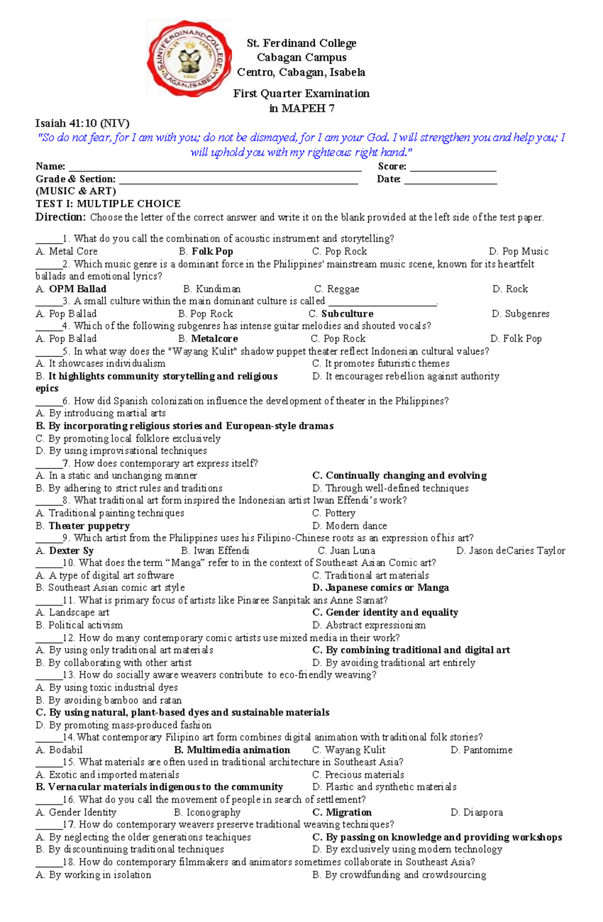 MAPEH 7 First Quarter Exam Review & Key Topics - Studocu