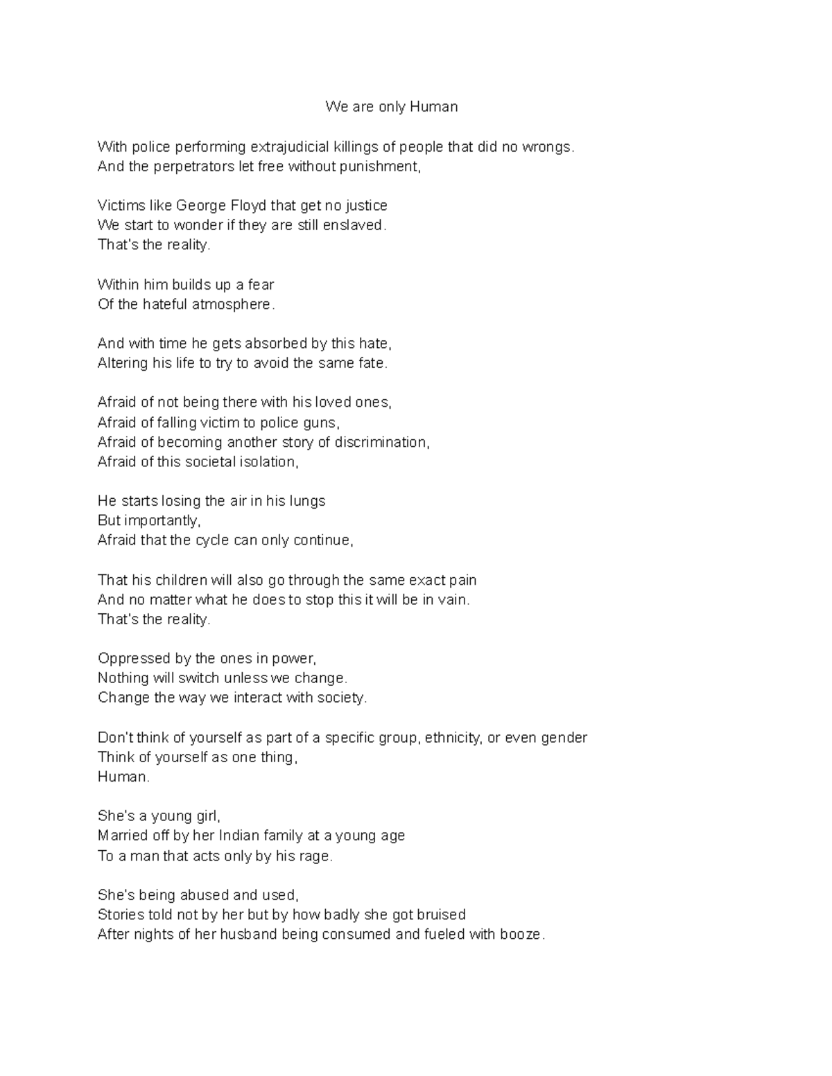 1We are only Human - Poem on Social Justice and Equality - Studocu