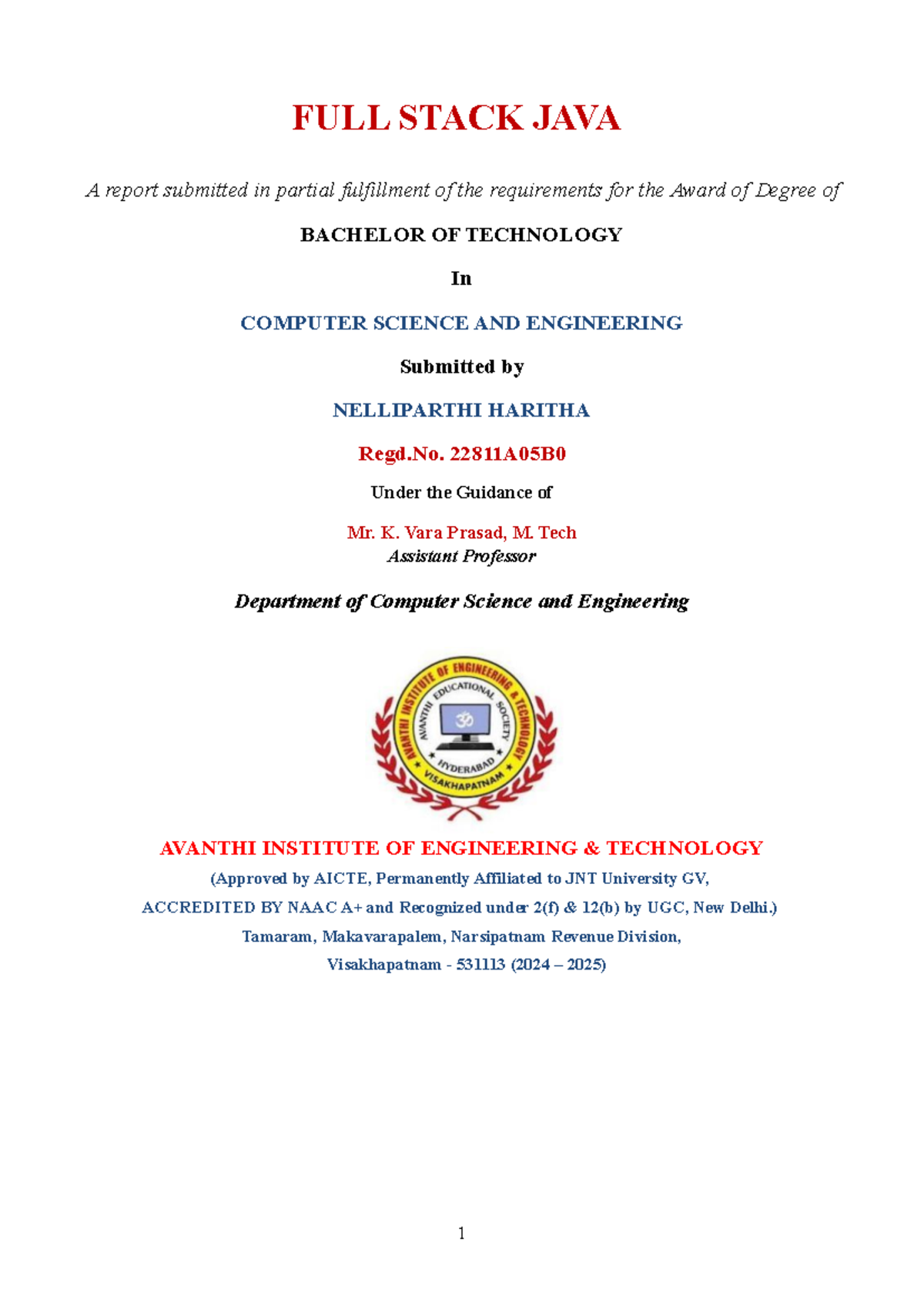 Full Stack Java Report - Bachelor of Technology (CSE) Internship - Studocu