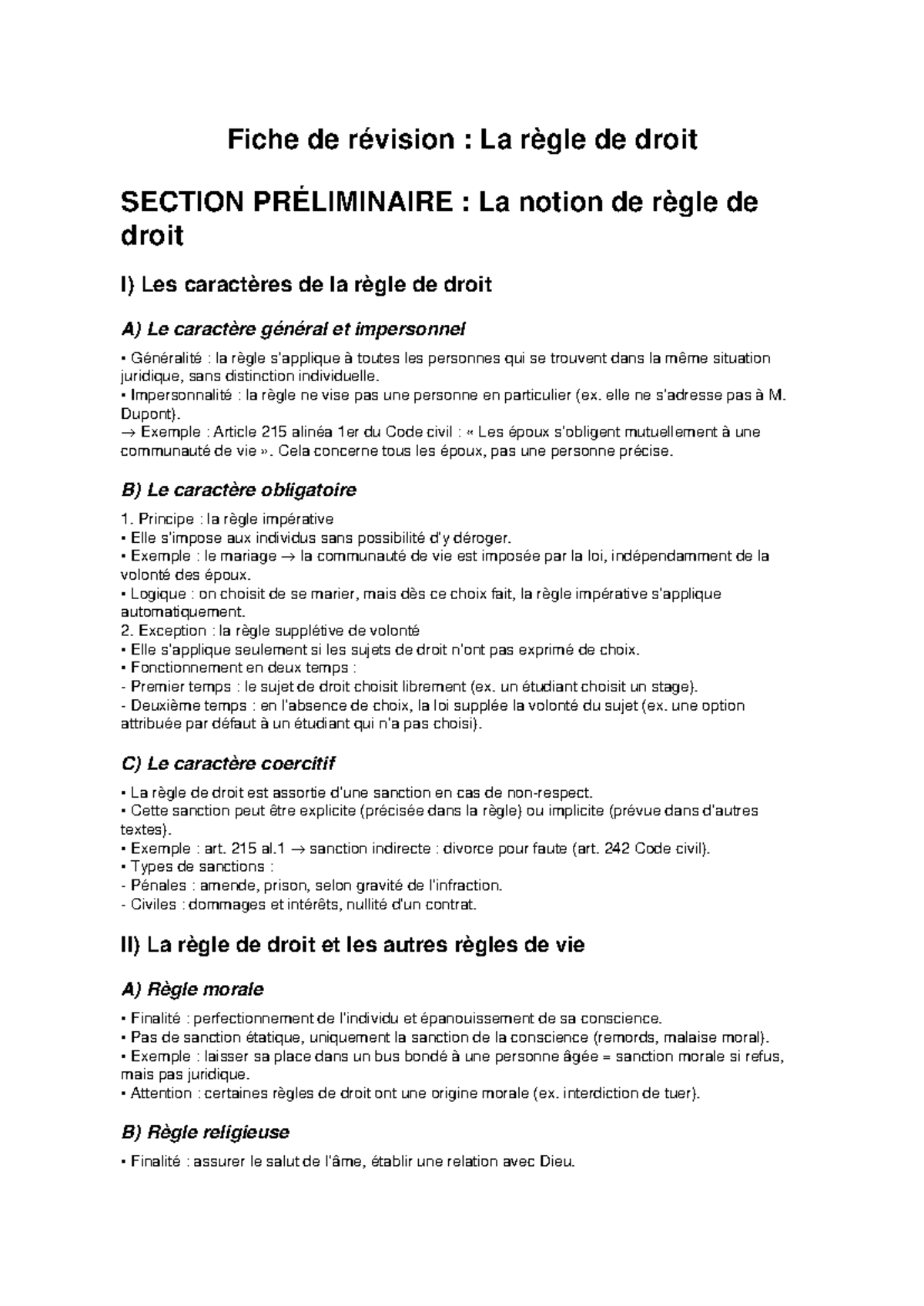 Fiche de révision : La règle de droit - Section Préliminaire - Studocu