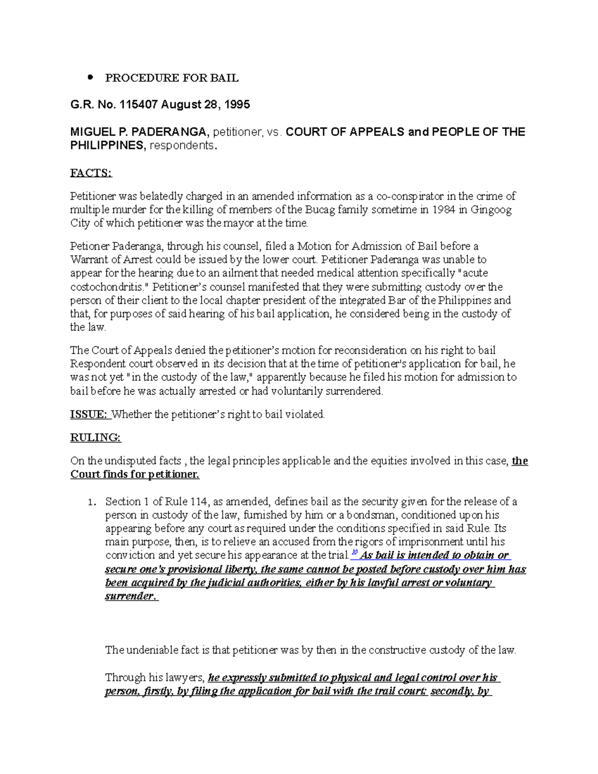 432495415 Paderanga vs CA: Bail Procedure & Judgment Analysis - Studocu