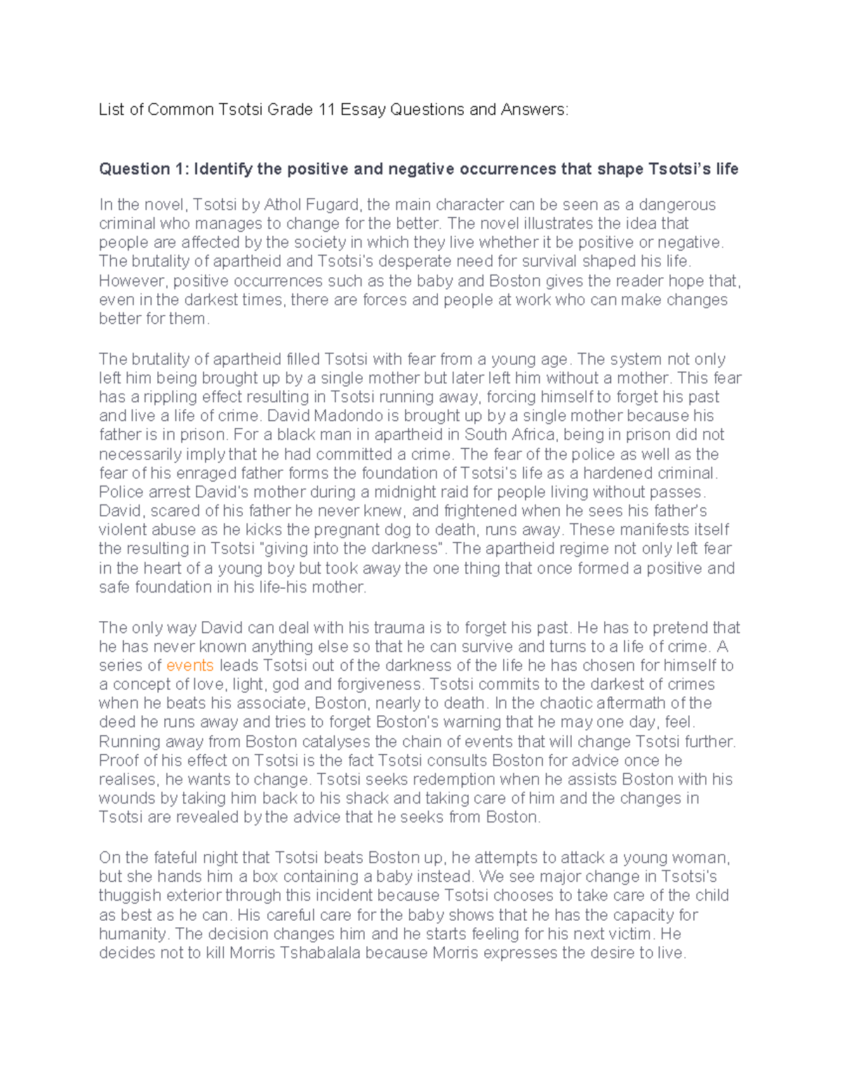 862019 025 Tsotsi Grade 11 Essay Questions & Answers Overview - Studocu