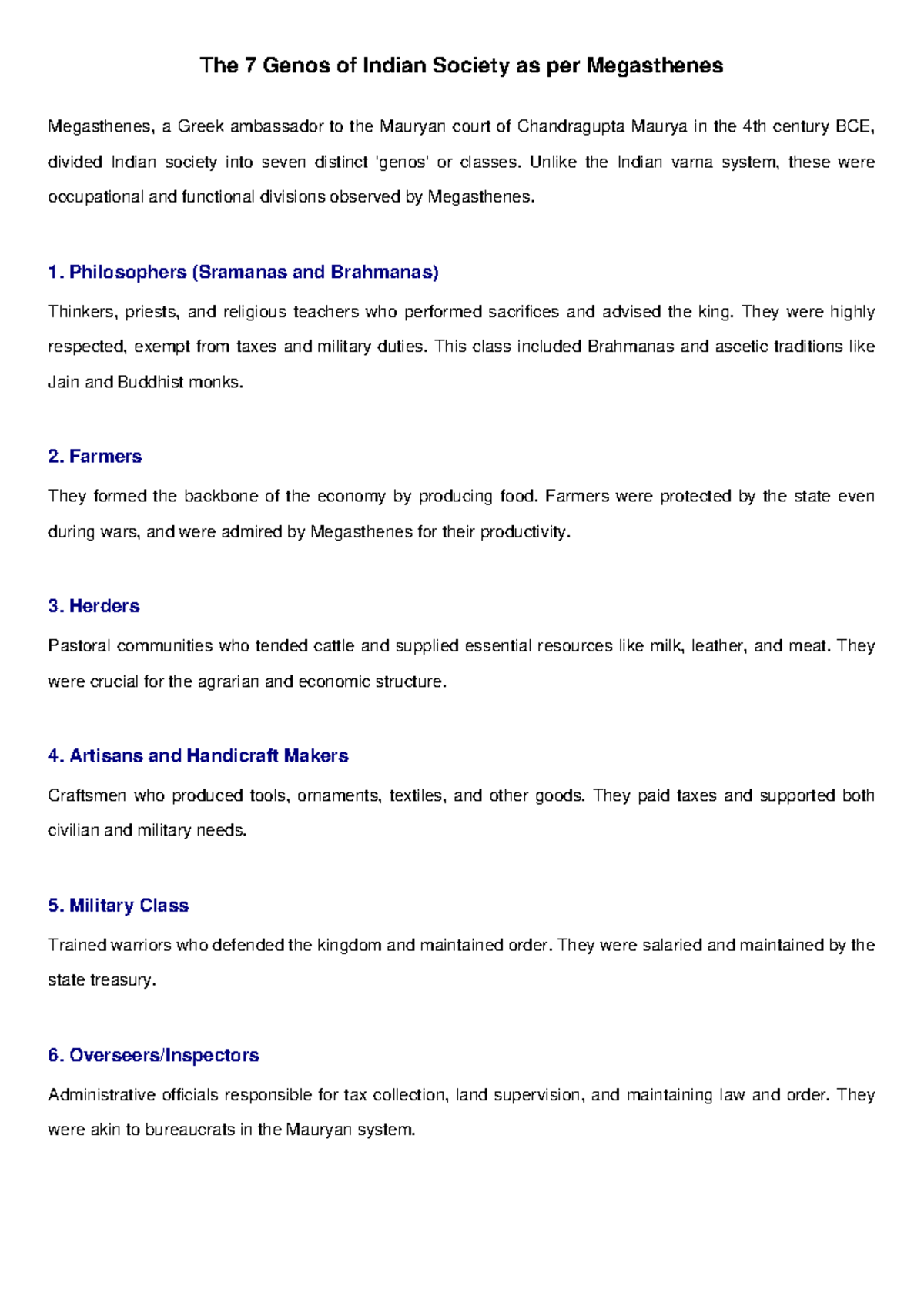 The 7 Genos of Indian Society According to Megasthenes: A Study - Studocu
