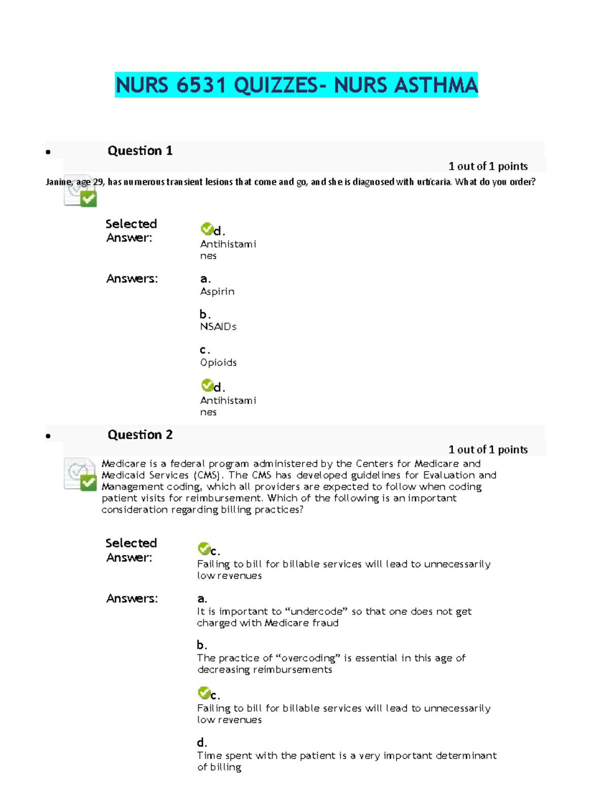 NURS 6531 Quiz - Asthma and Billing Practices in Healthcare - Studocu
