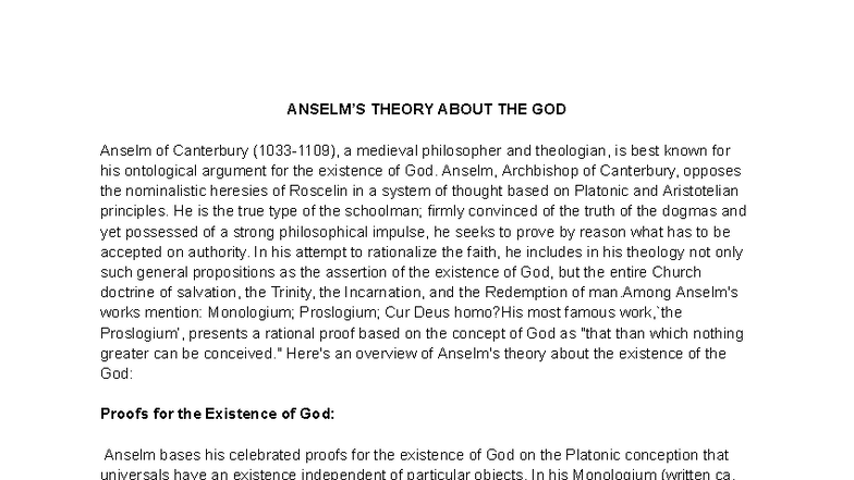 Anselm's Ontological Argument for the Existence of God - Studocu