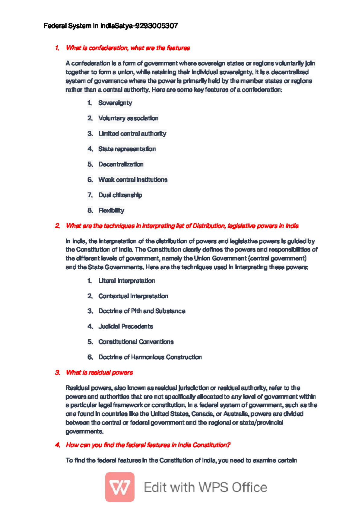 Federal System in India - Key Features and Legislative Powers - Studocu